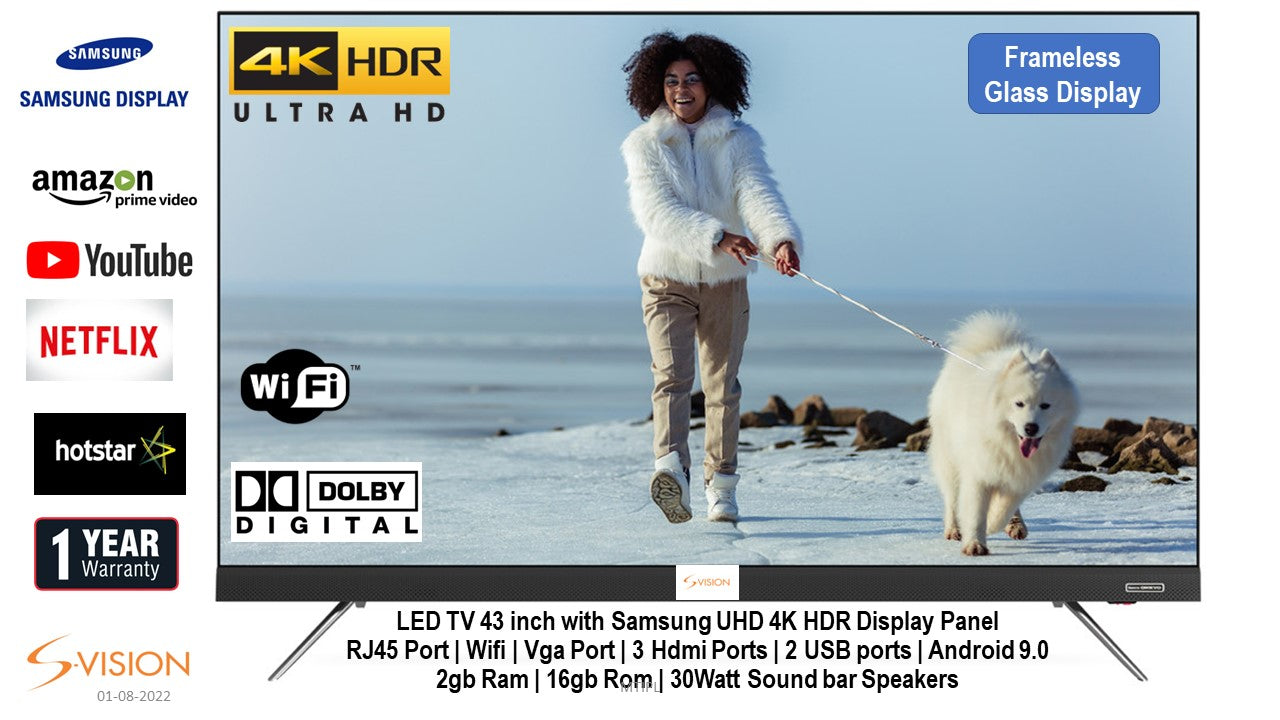 S-VISION 43 INCH LED TV WITH SAMSUNG UHD 4K HDR DISPLAY PANEL TV